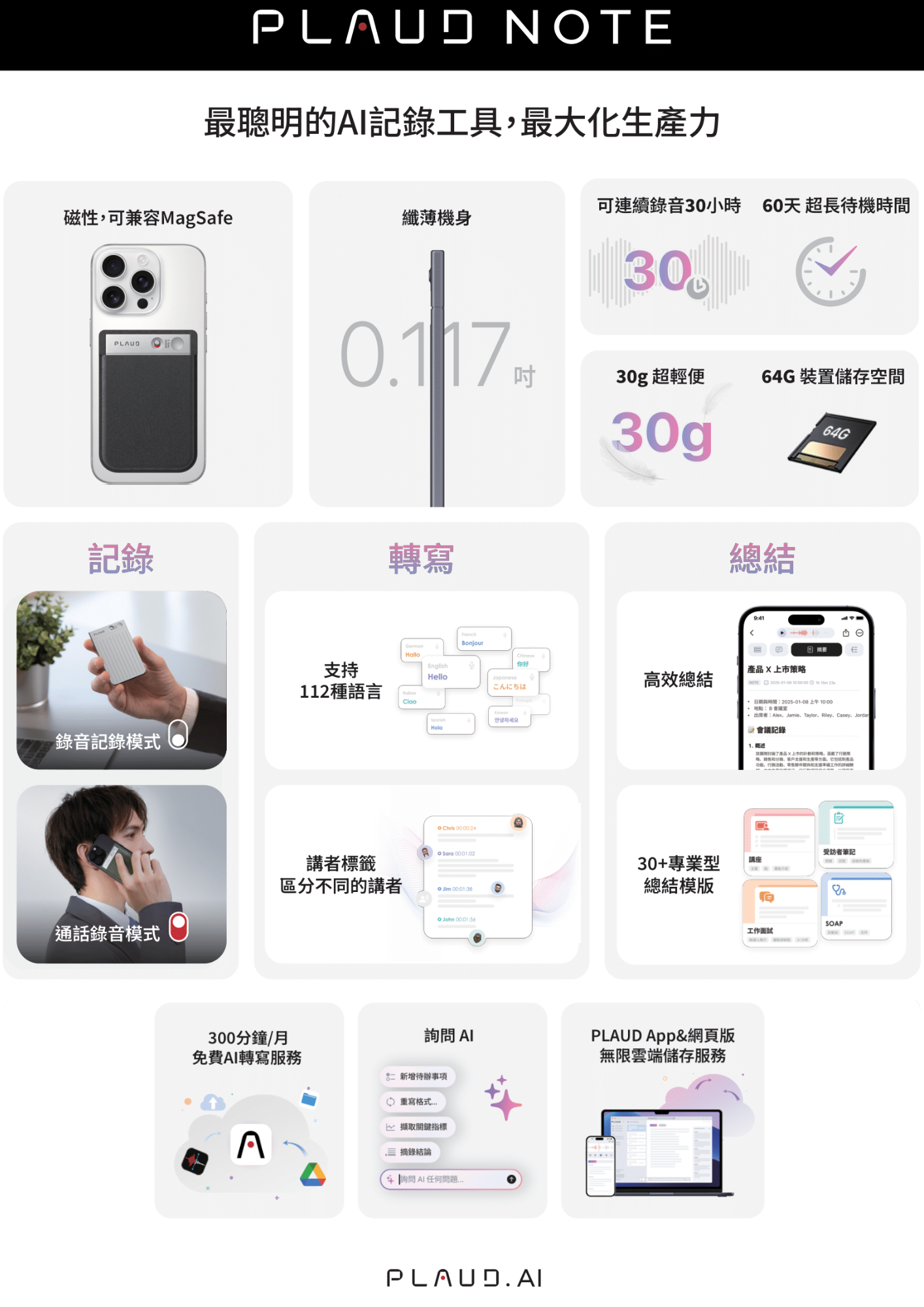 PLAUD.AI NOTE ChatGPT AI 智能錄音卡 | 衛訊 Wilson - 網購手機、電子潮物、生活家電